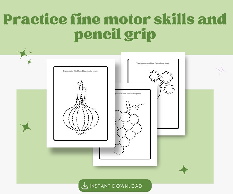 Fruit & Veggie Trace and Color Worksheets, Pencil Control Grip Practice ...