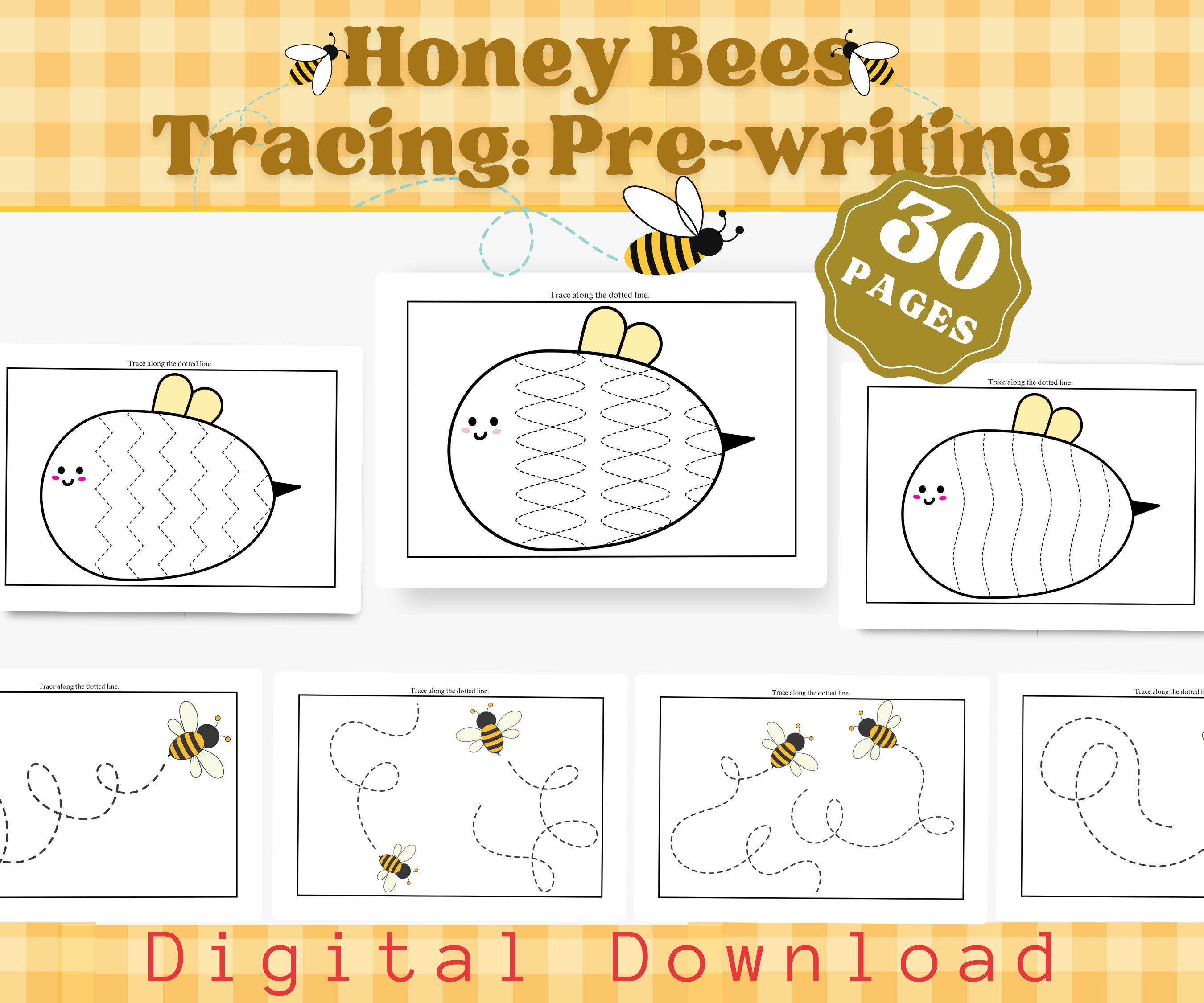 Bee Themed Tracing Worksheets for Preschool and Toddlers, Handwriting ...