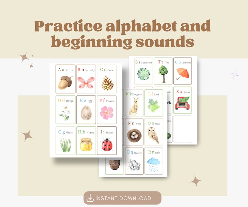 Printable Alphabet Flashcards, Nature-themed ABC Flash Cards, Letters ...