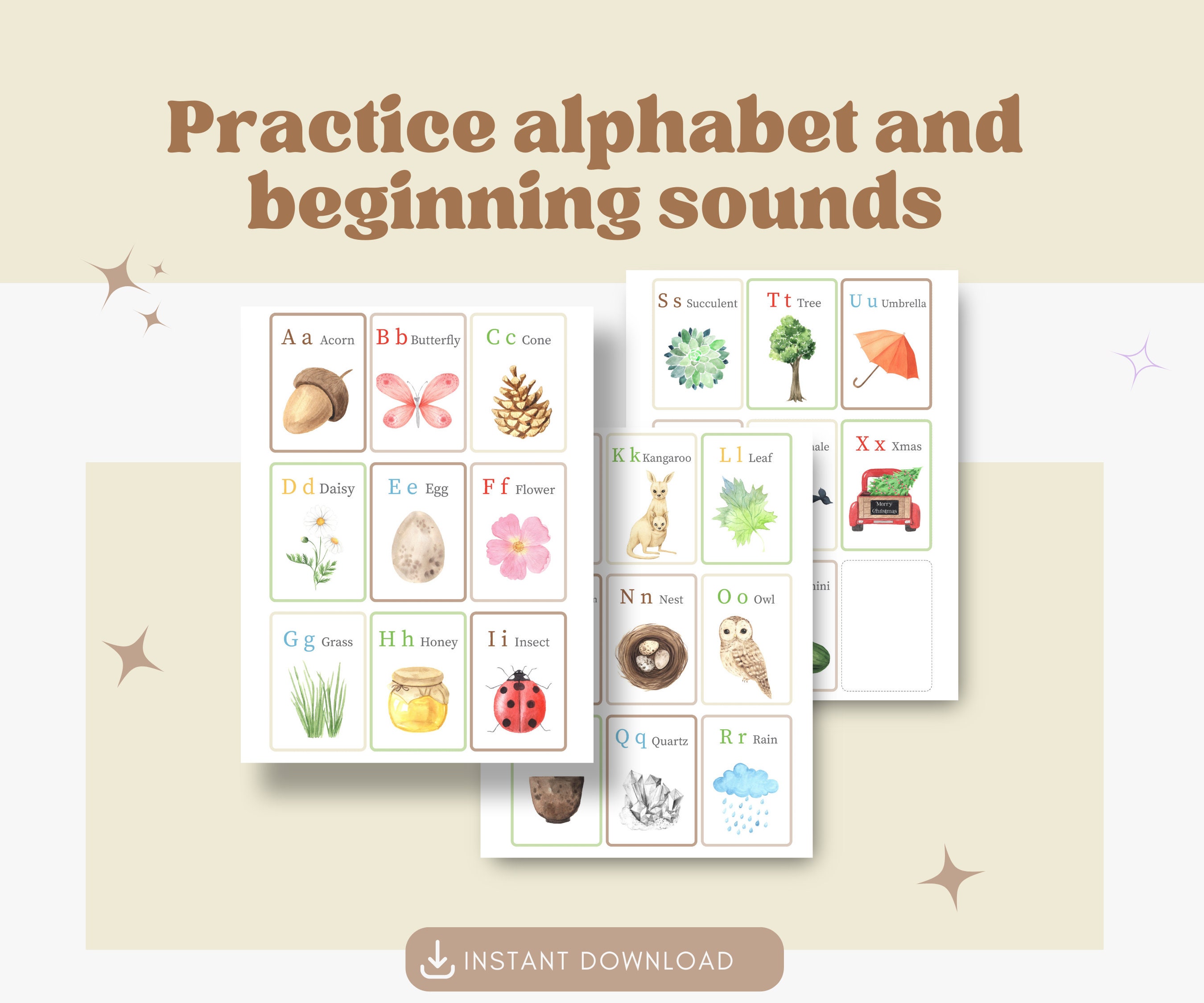 Printable Alphabet Flashcards, Nature-themed ABC Flash Cards, Letters ...