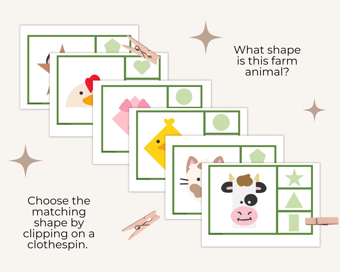 Farm Animals Shapes Clip Cards; Shape Activity for Toddlers Preschool ...