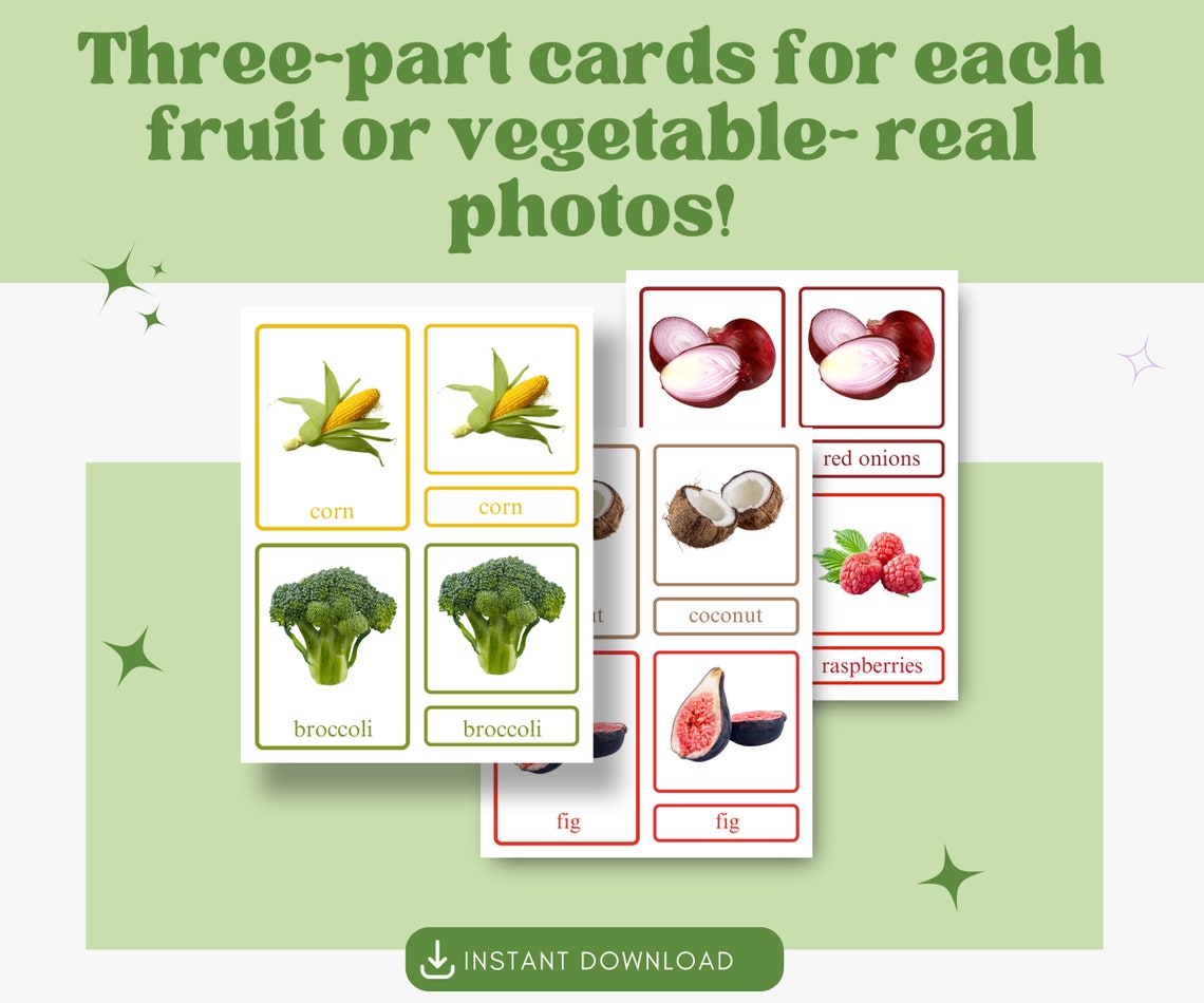 Printable Montessori-inspired 3 Part Cards, Fruits and Vegetables ...