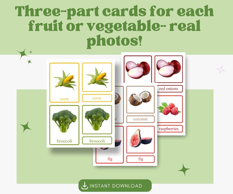Printable Montessori-inspired 3 Part Cards, Fruits and Vegetables ...