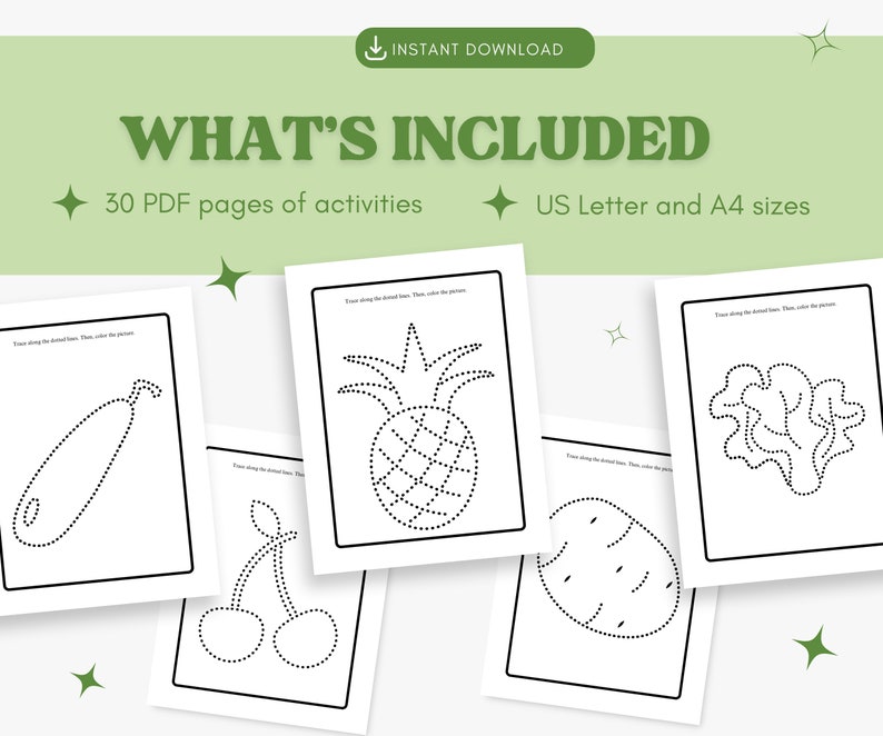 Fruit & Veggie Trace and Color Worksheets, Pencil Control Grip Practice ...