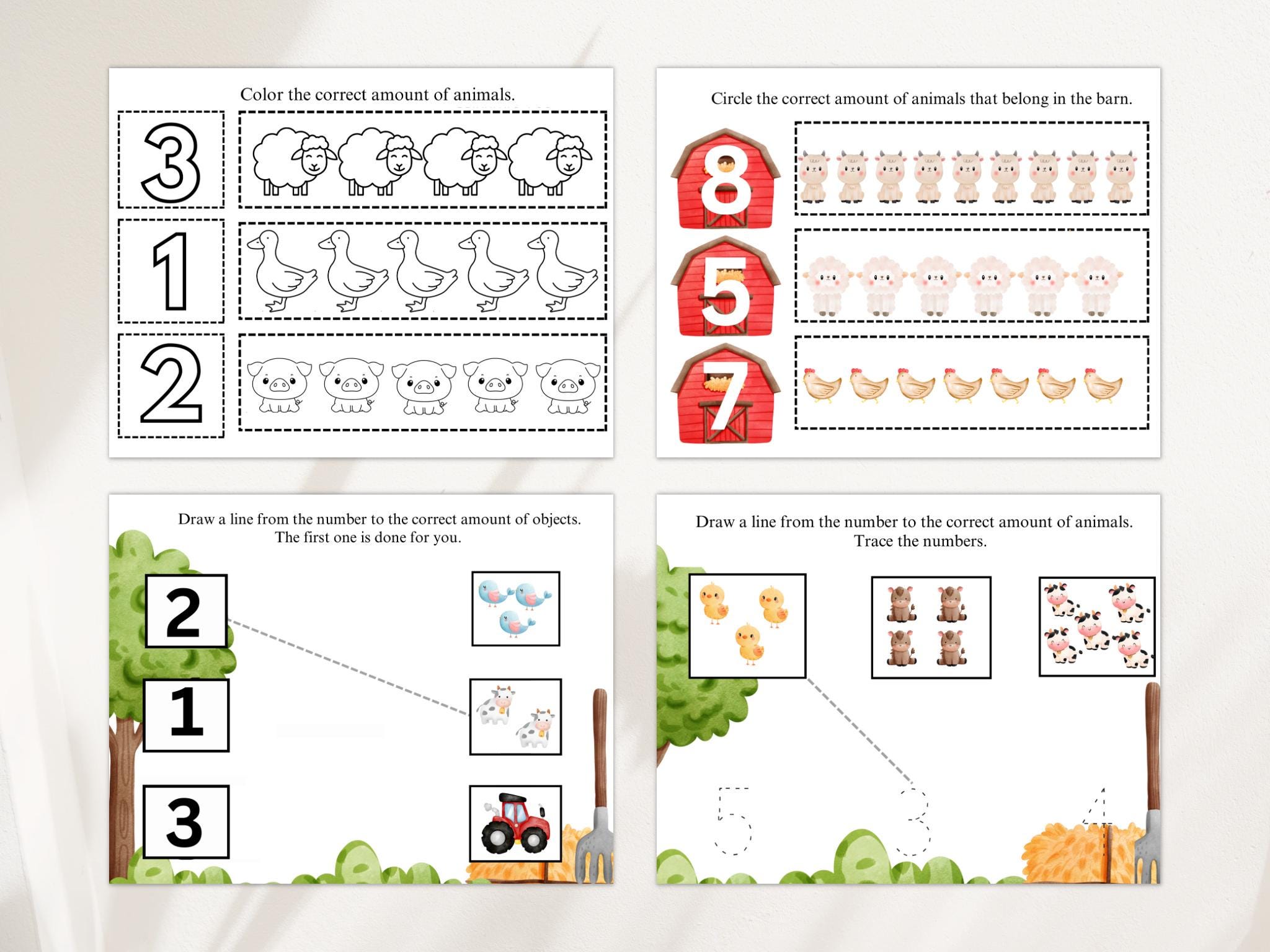 Farm Math Worksheets for Preschool, Pre-k; Number Tracing & Counting ...
