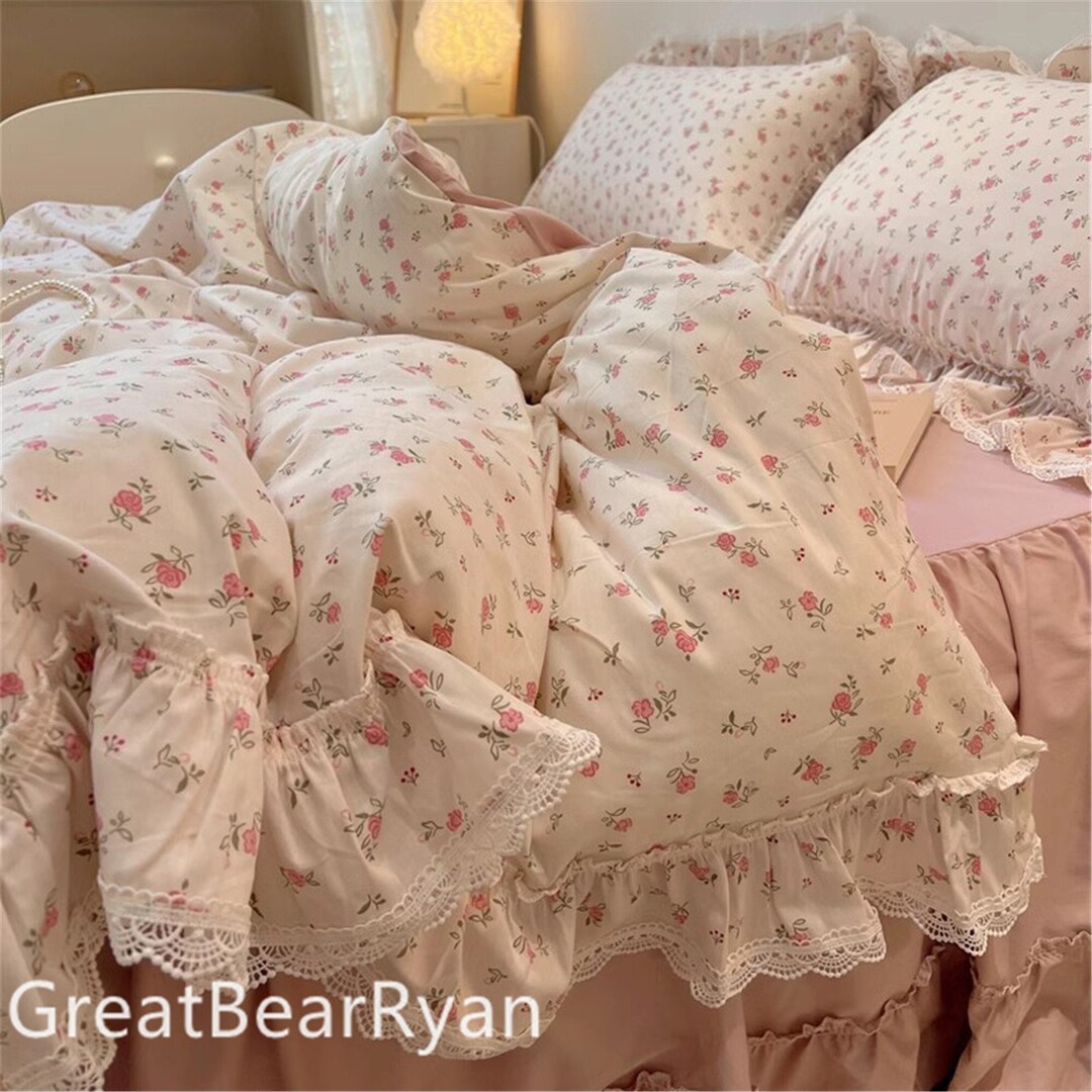 Pink Rose 100% Cotton Duvet Cover Set, Princess Lace Ruffle Duvet Cover ...