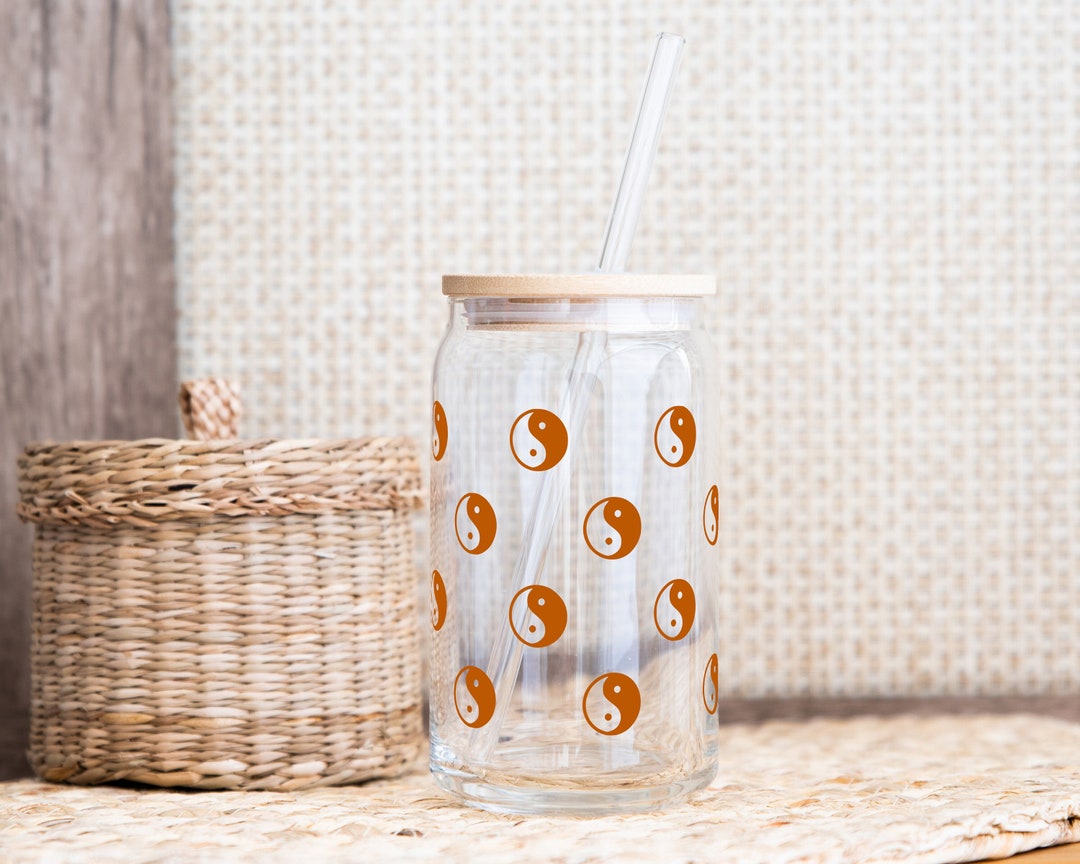 Yin Yang 16oz Sipper Glass - Aesthetic Iced Coffee Cup With Lid & Straw ...