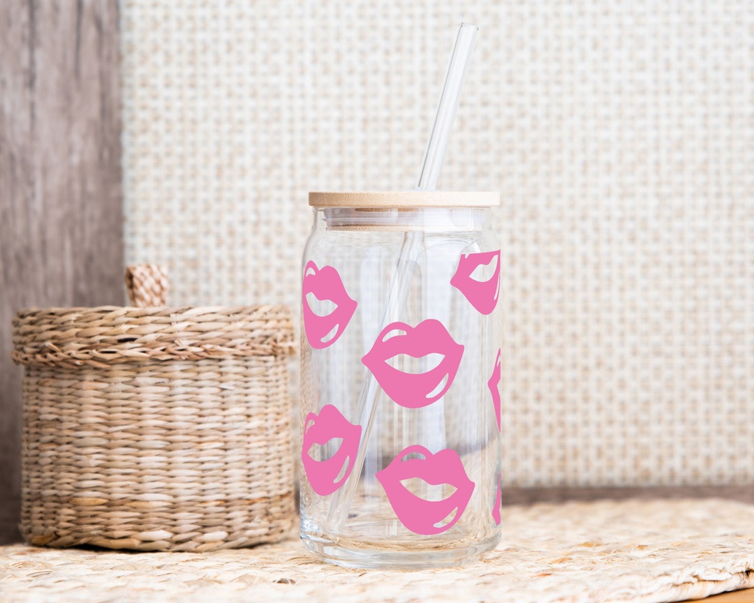 16oz Red Lips Sipper Glass, Fun and Stylish Drinkware, Unique Lip Print ...
