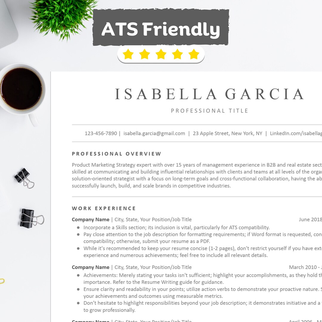 ATS Friendly Resume Template for Word, Google Docs, Professional Resume ...