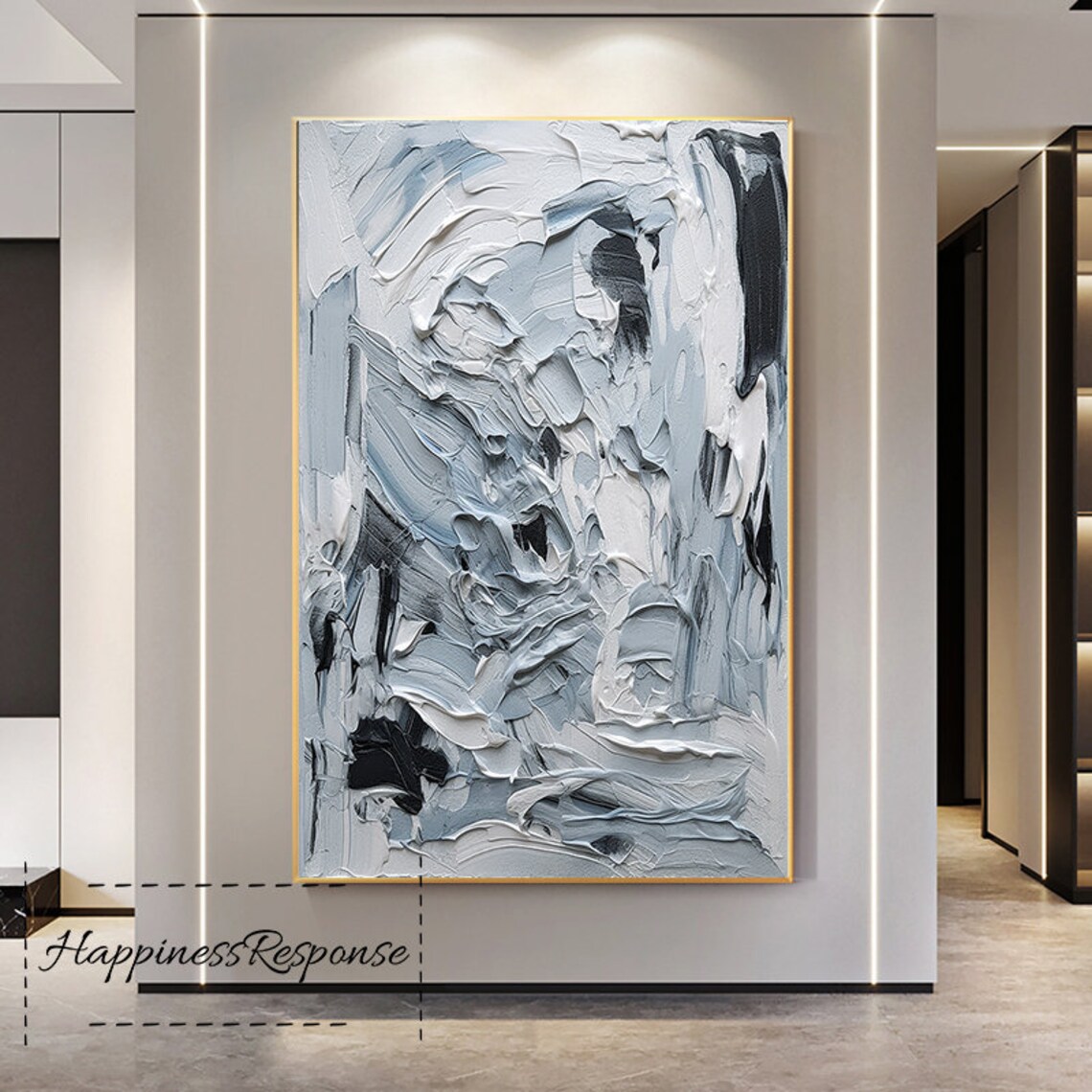 Large Blue Abstract Oil Painting,grey Wabi-sabi Wall Art,blue 3D ...