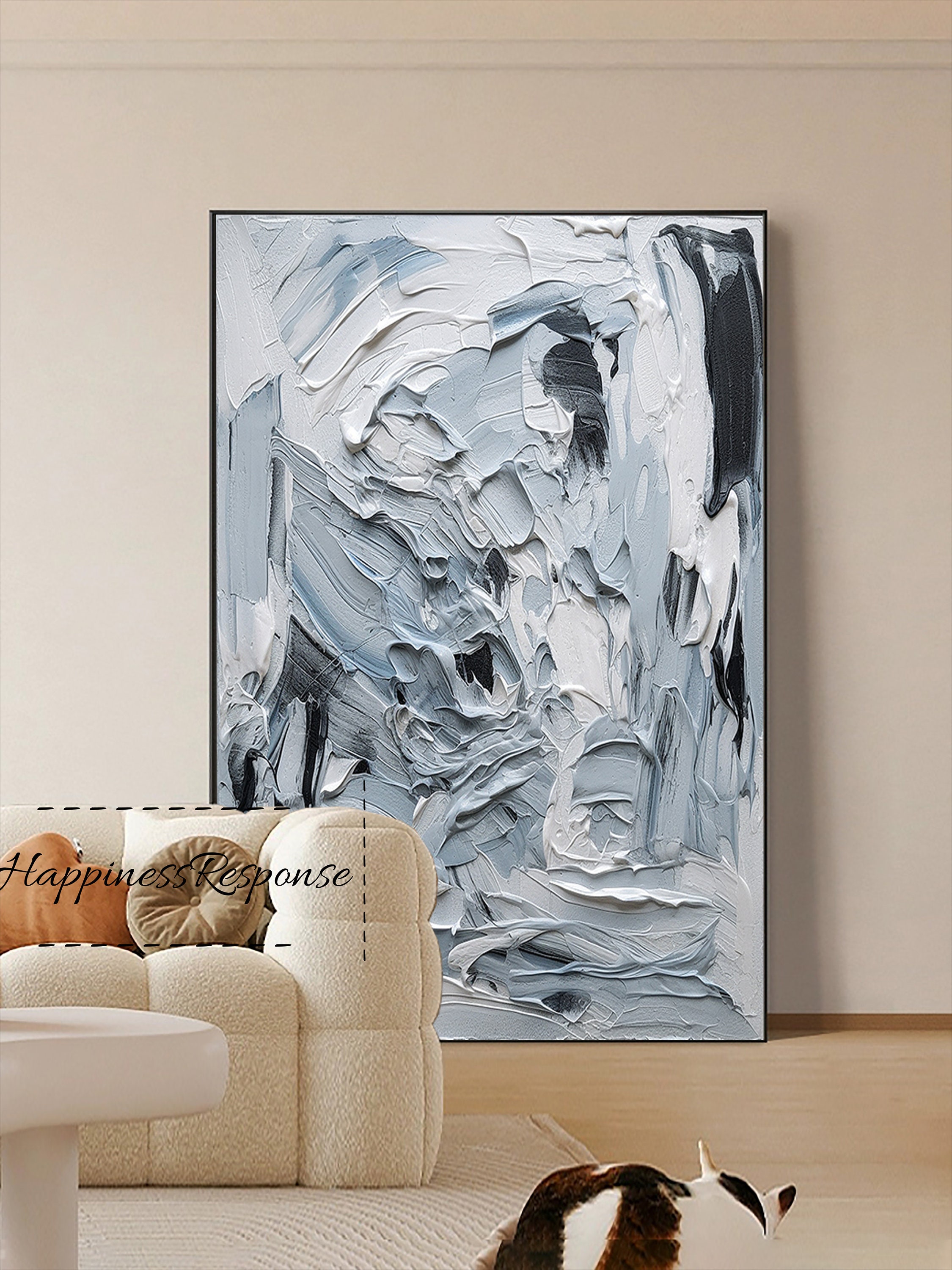 Large Blue Abstract Oil Painting,grey Wabi-sabi Wall Art,blue 3D ...