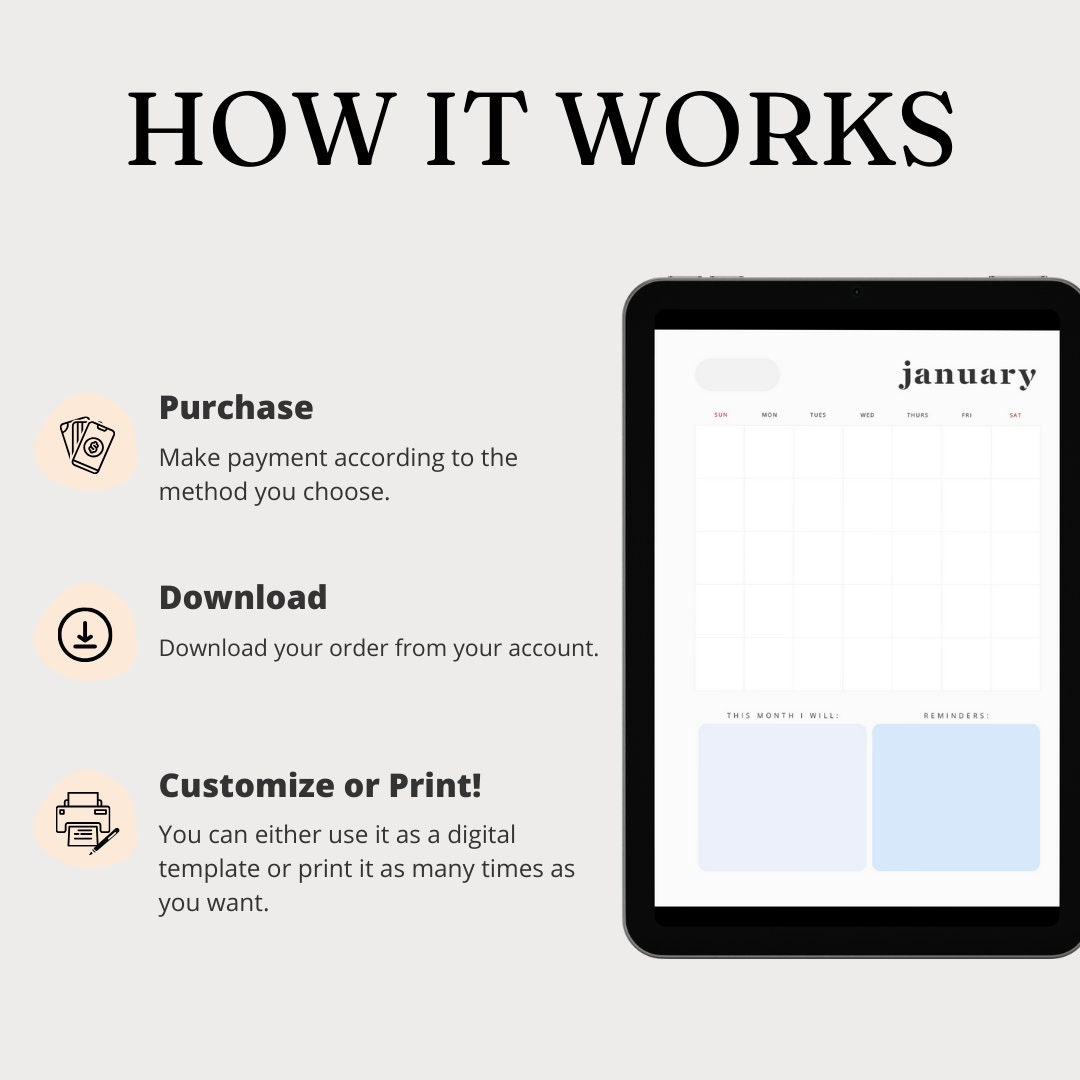 Monthly Calendar Planner Printable Printable Calendar PDF, A5, A4 ...