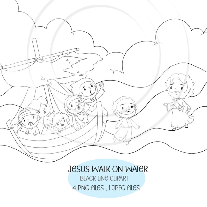 Jesus Walks on Water Blackline Art, Digital Stamp Clipart ,religion ...