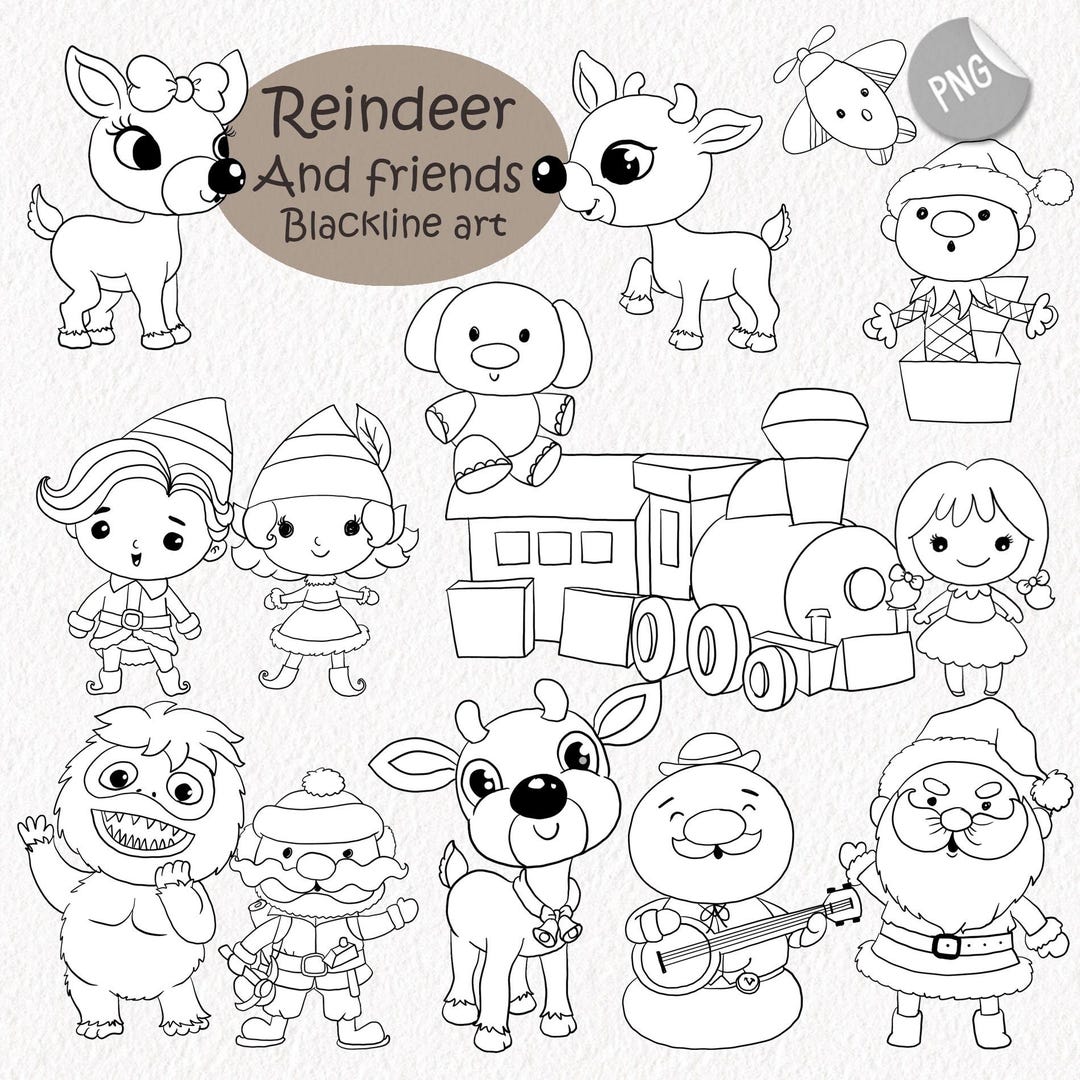 Reindeer and Friends Clipart , Digital Stamp, Blackline Art, Instant ...