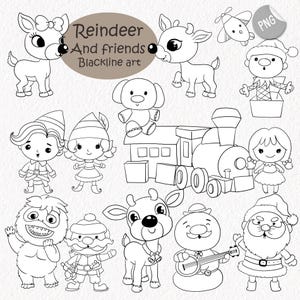 Reindeer and Friends Clipart , Digital Stamp, Blackline Art, Instant ...