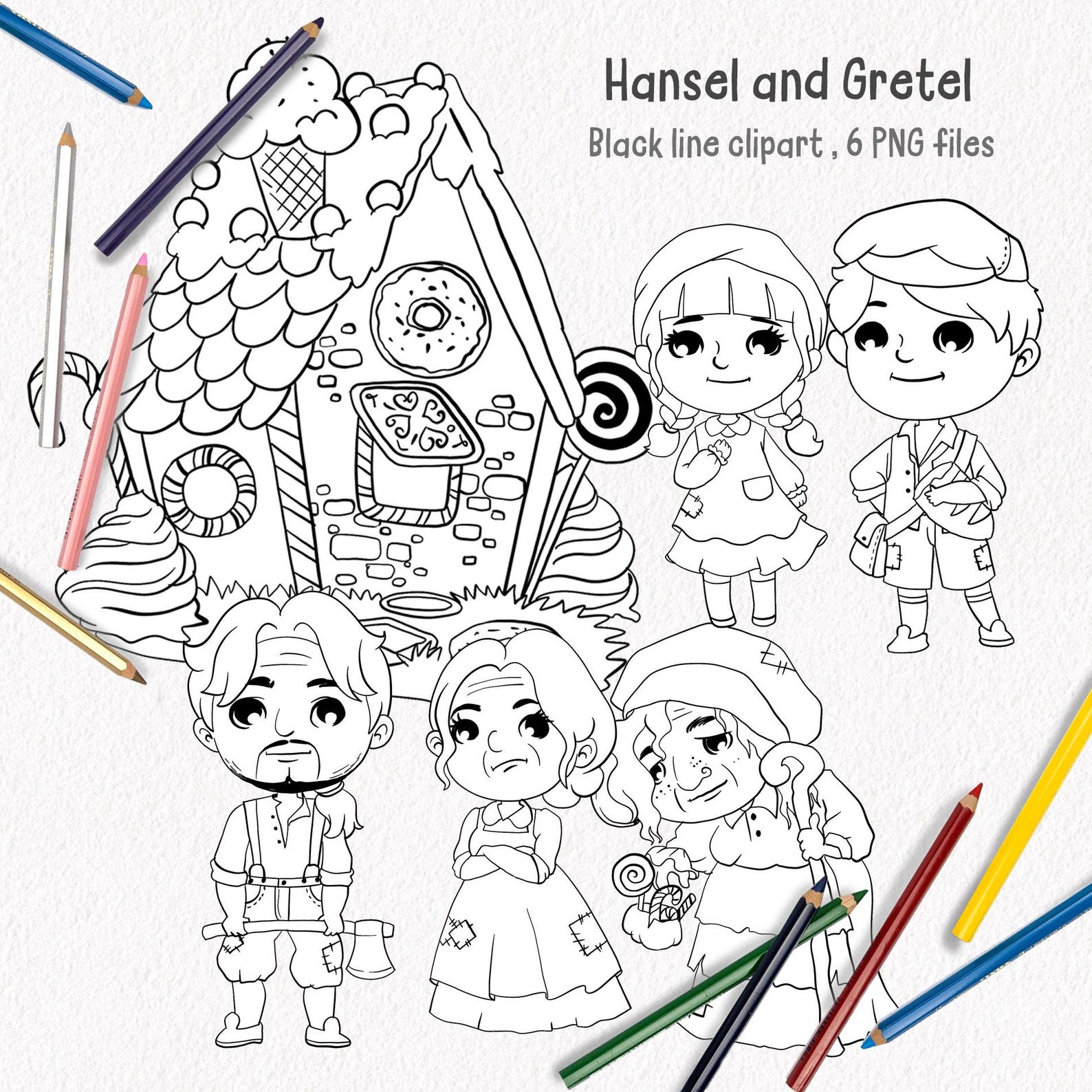 Hansel and Gretel Clipart , Blackline Art Instant Download PNG File ...