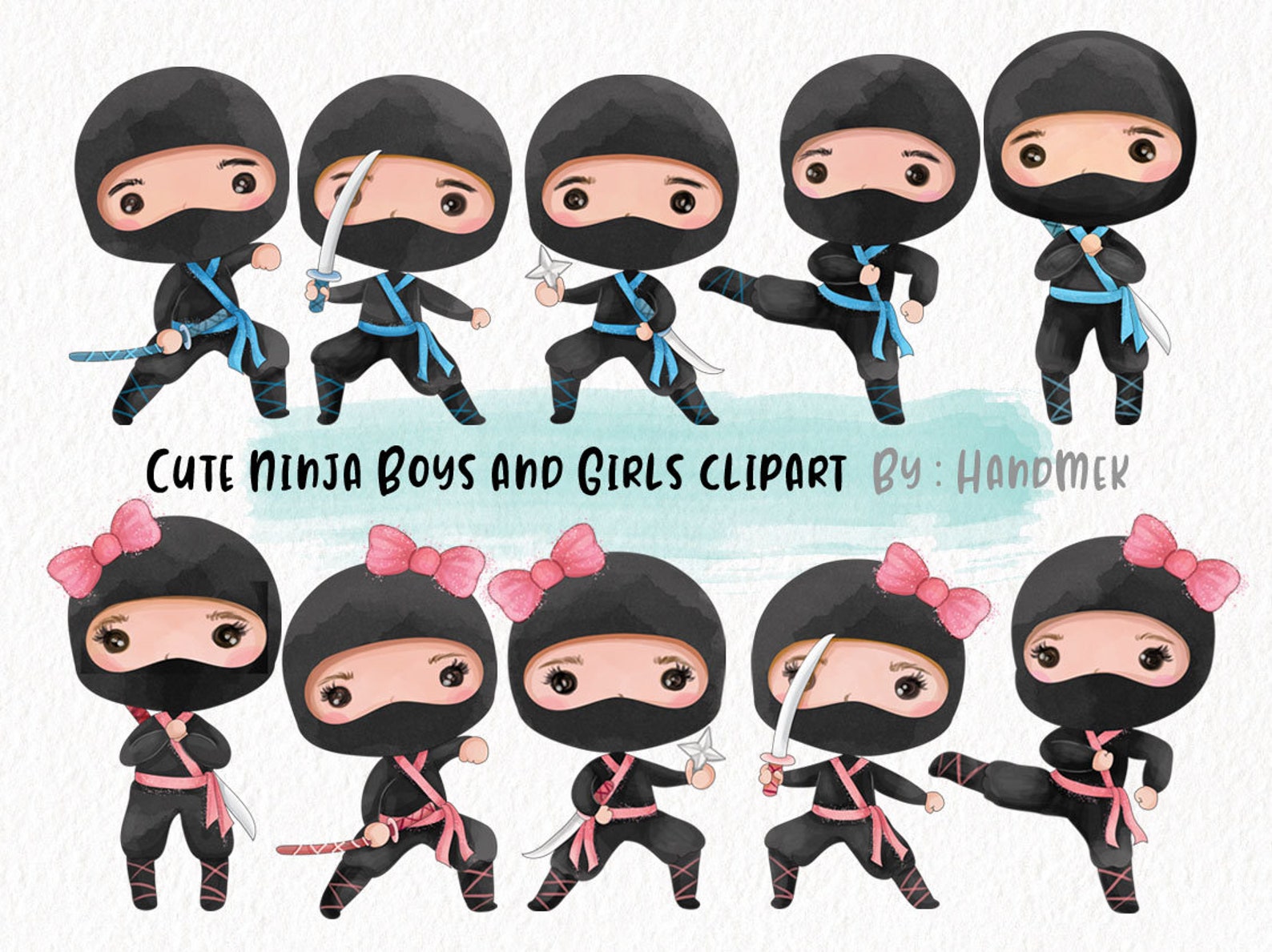 Cute Ninja Boys and Girls Clip Art Instant Download PNG File - 300 Dpi ...
