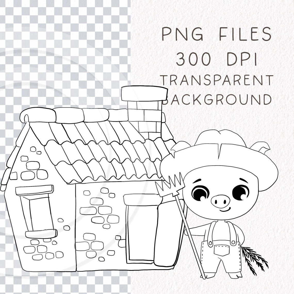Three Little Pig Clipart, Blackline Art Instant Download PNG File - 300 ...