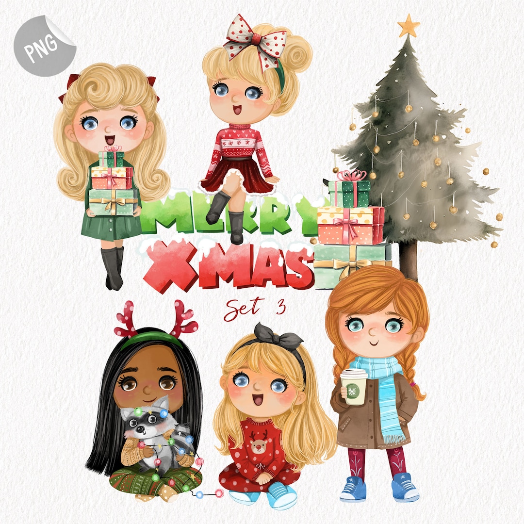 Christmas Cute Girls Clipart Set 3 , Instant Download PNG File - 300 ...