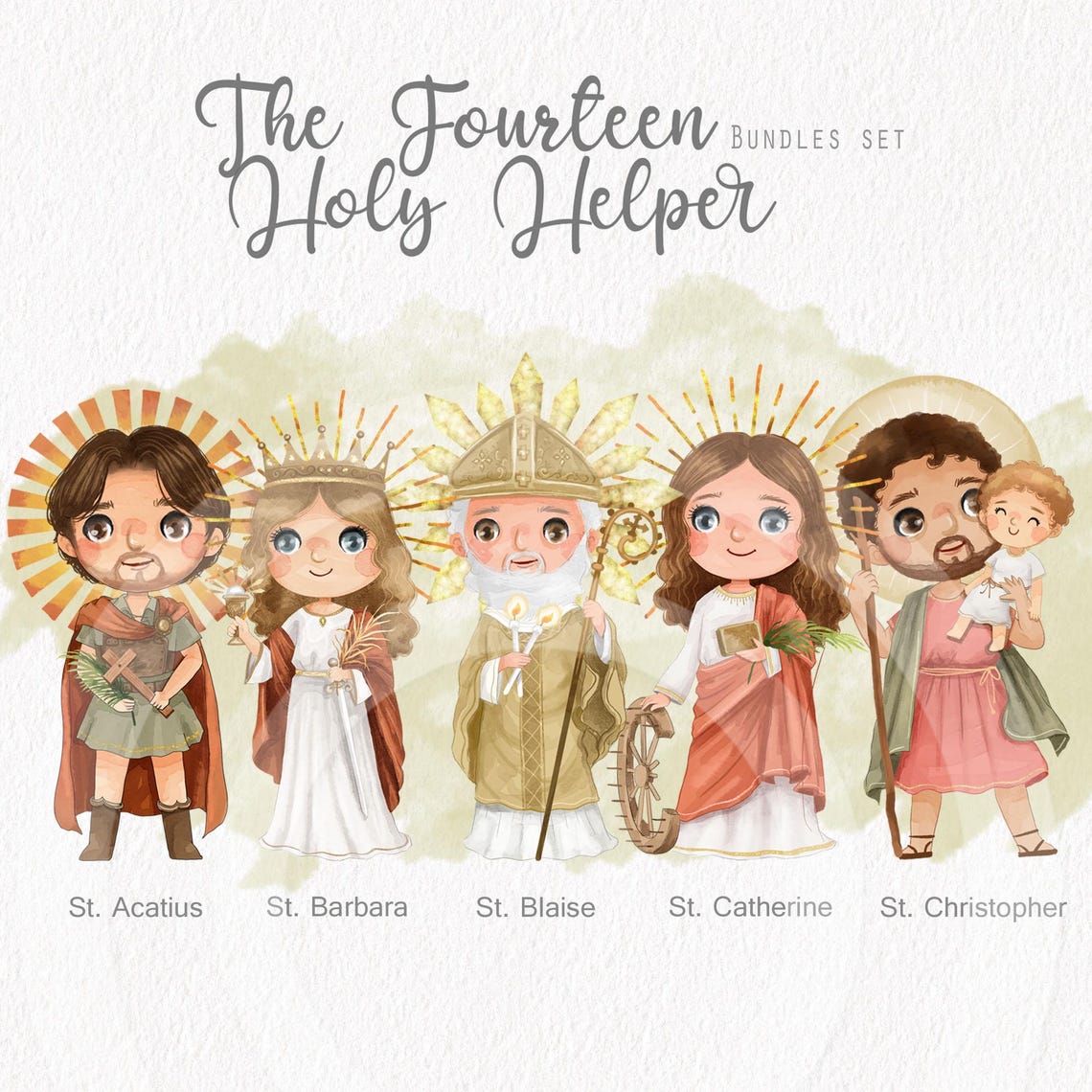 Saints Clipart Set 9, Fourteen Holy Helpers Clipart: Hand-drawn Saints ...