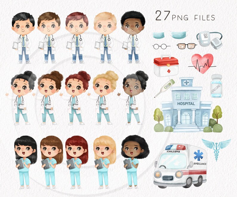 Hand Drawn Doctor and Nurse Clipart: Medical PNG Files (digital ...