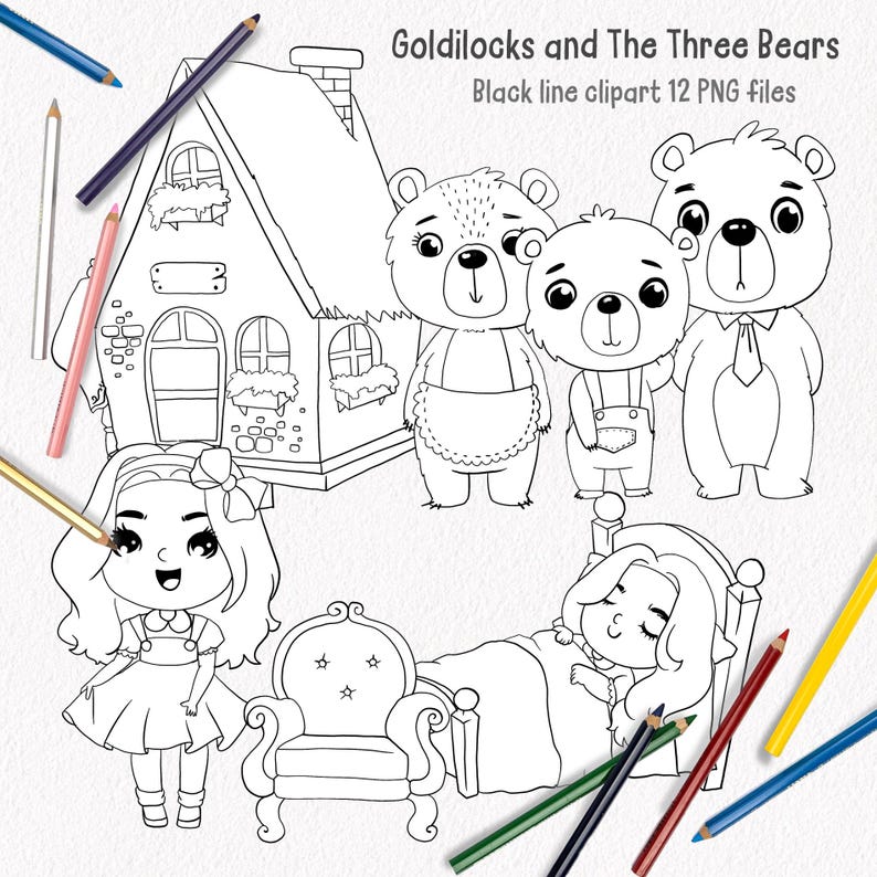 Goldilocks and the Three Bears Clipart, Blackline Art Instant Download ...