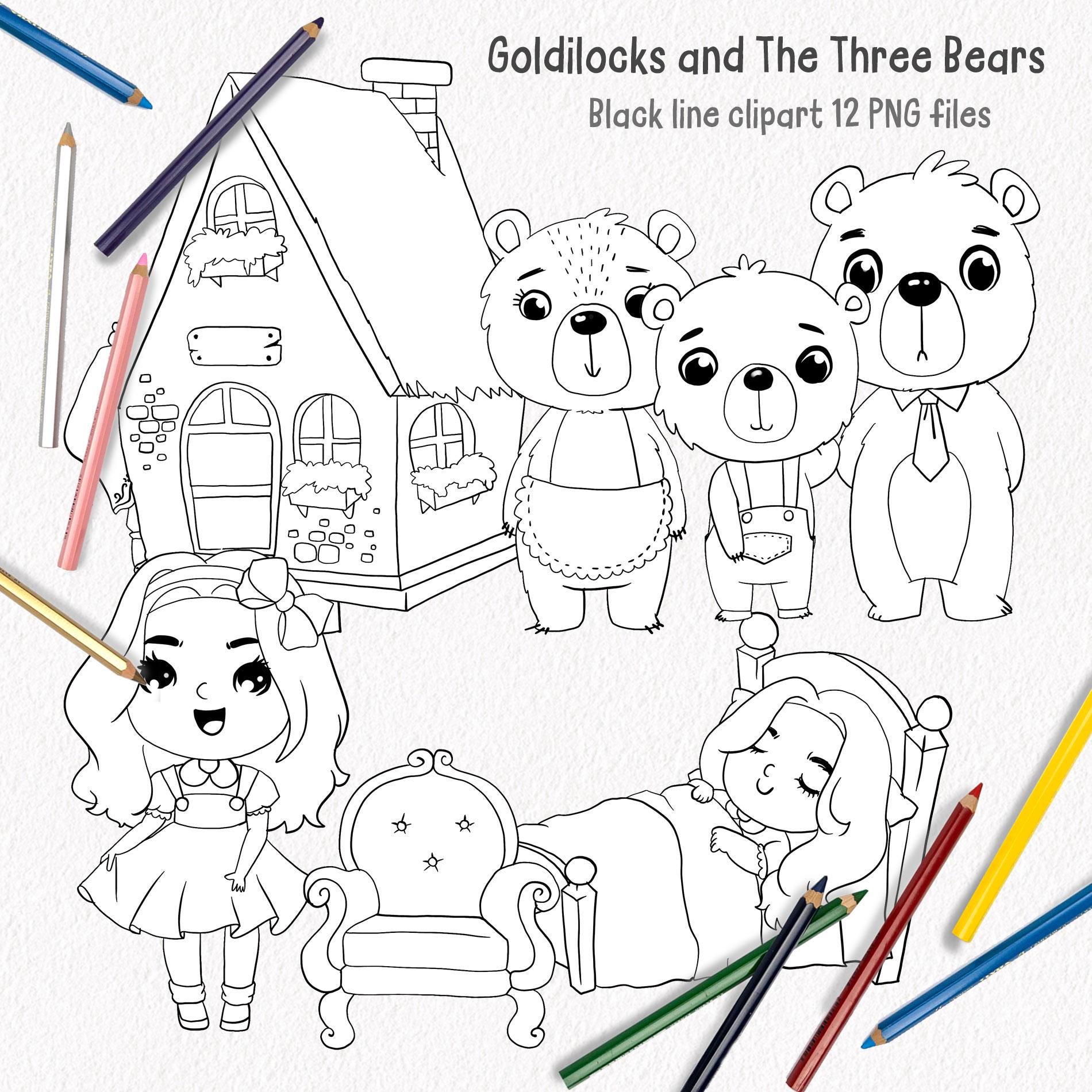 Goldilocks and the Three Bears Clipart, Blackline Art Instant Download ...