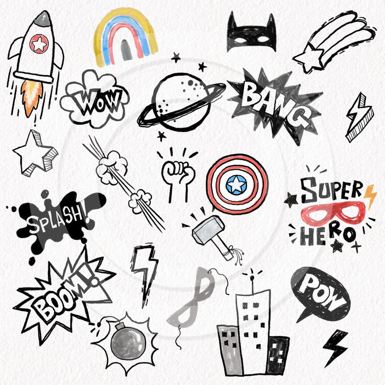 Cute Hero Hand Drawn ,doodle Clipart, Seamless Pattern, Instant ...