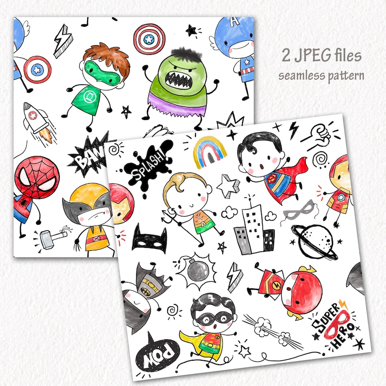 Cute Hero Hand Drawn ,doodle Clipart, Seamless Pattern, Instant ...