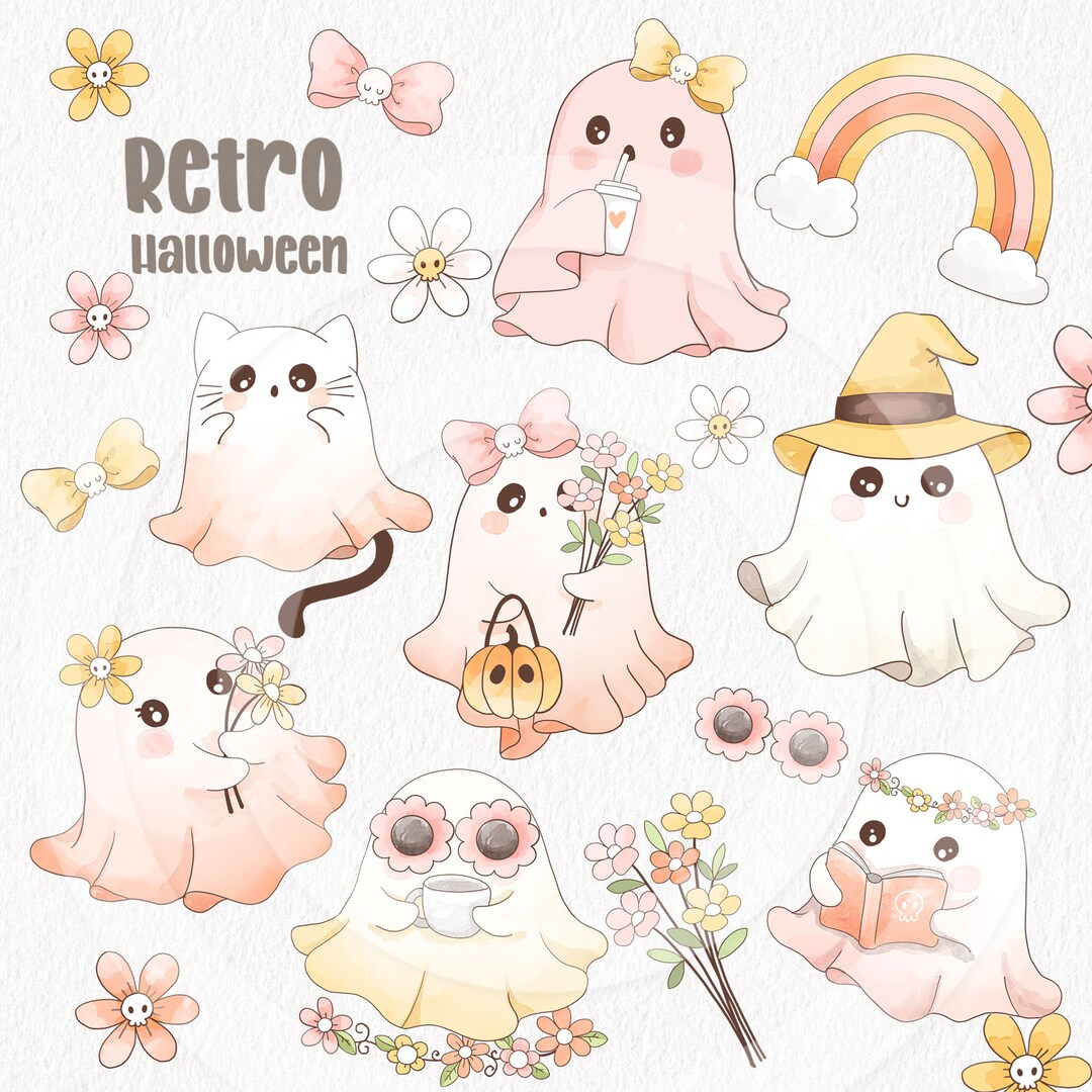 Retro Halloween, Retro Ghost, Boho Halloween ,cute Ghost Clipart ...