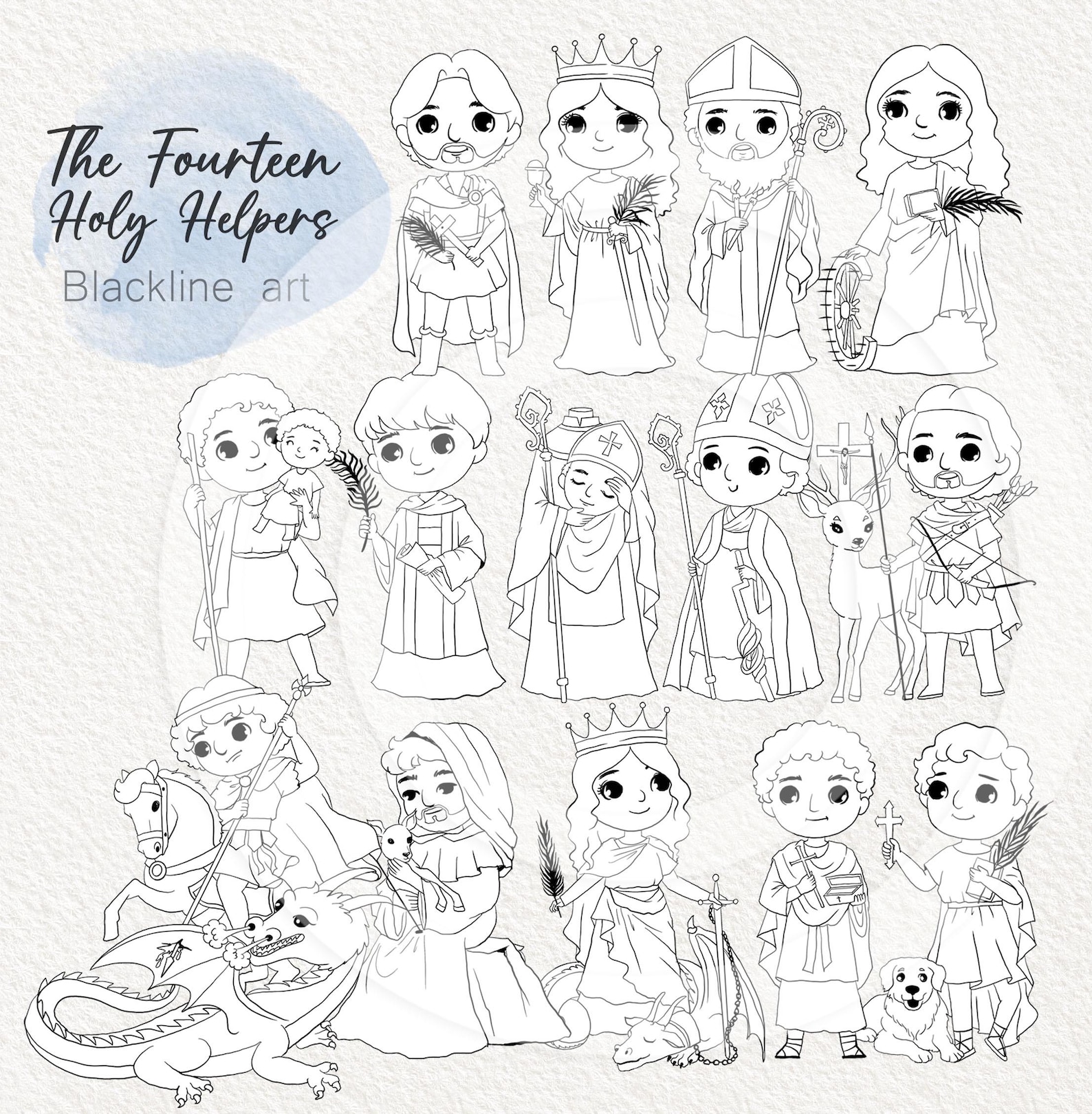 Fourteen Holy Helpers Clipart: Black Line Art, Bible Stories (PNG Files ...