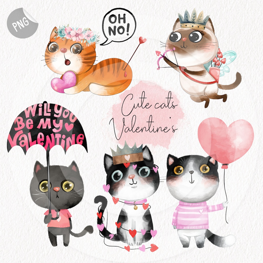 Cute Cat Valentine's Clipart ,hand Drawn Clipart, PNG Files 300 Dpi. - Etsy