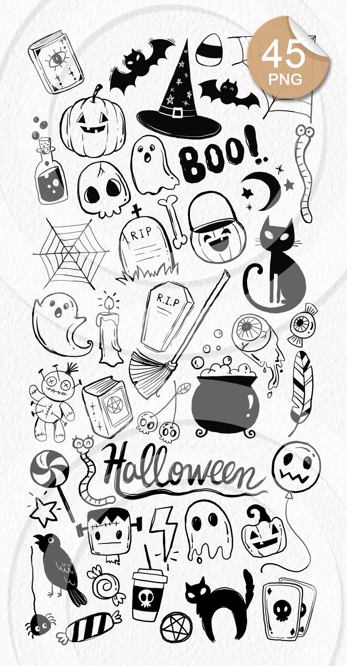 Hand Drawn Halloween, Halloween Doodle Clipart, Blackline Art Instant ...