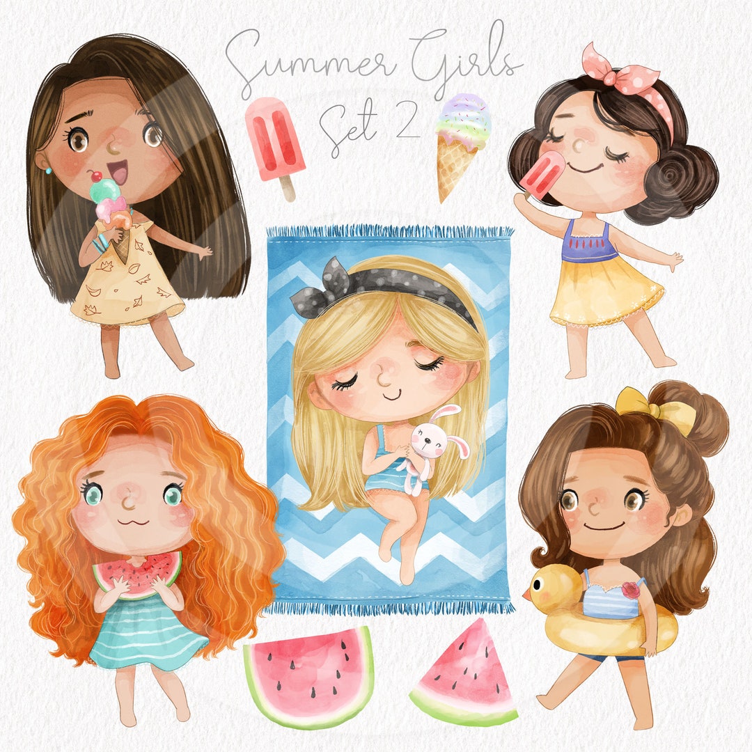 Cute Girls Summer Clipart Set 2, PNG Files 300 Dpi. - Etsy