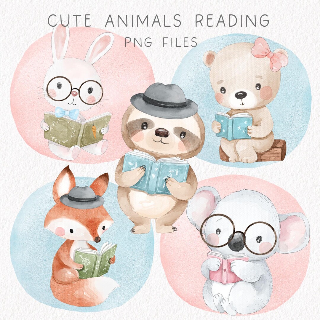 Cute Animals Reading Clipart , Seamless Pattern Design, Hand Drawn ...