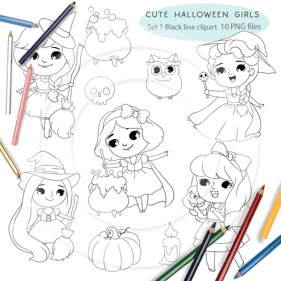 Cute Halloween Girls Clipart Set 1, Blackline Art Instant Download PNG ...