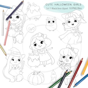 Cute Halloween Girls Clipart Set 1, Blackline Art Instant Download PNG ...