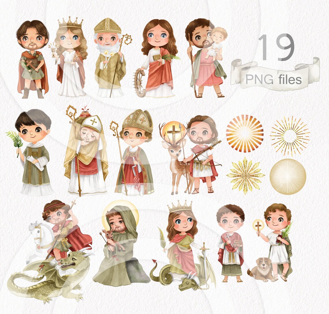 Saints Clipart Set 9, Fourteen Holy Helpers Clipart: Hand-drawn Saints ...