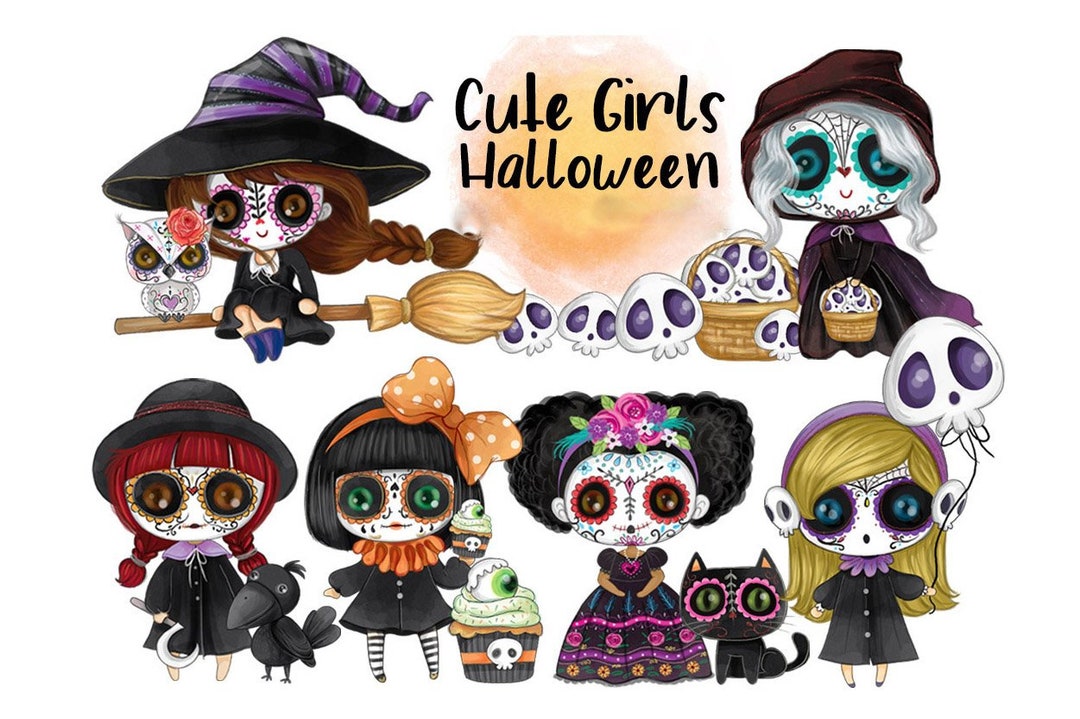 Halloween Cute Girls Clipart PNG Files Instant Download PNG File - 300 ...