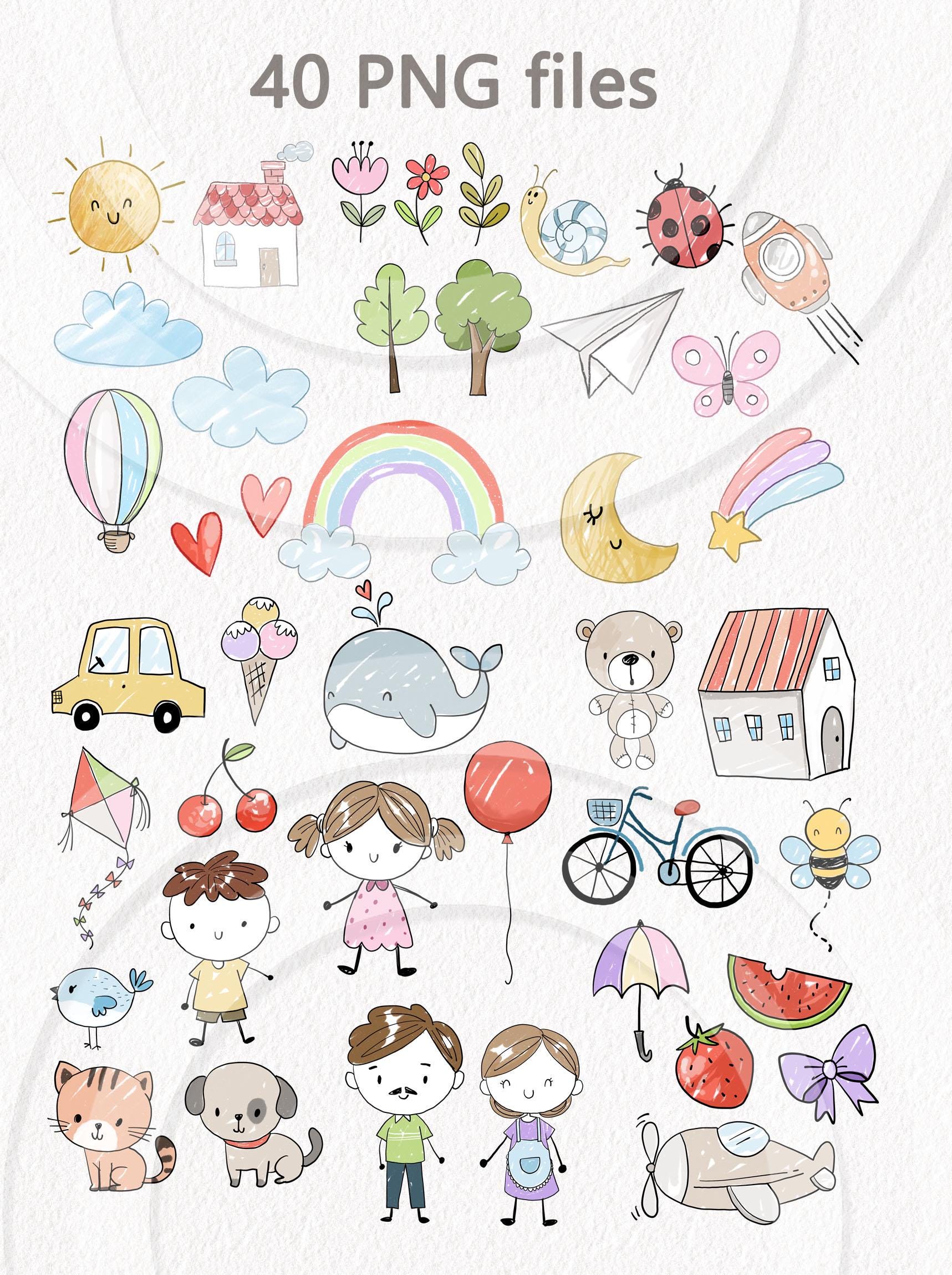 Kids Doodle, Hand Drawn Kids Clipart PNG Files. - Etsy