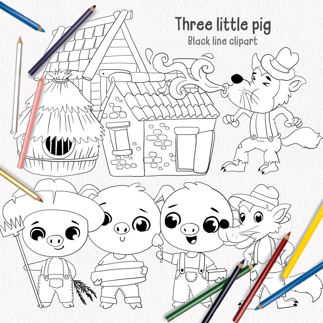 Three Little Pig Clipart, Blackline Art Instant Download PNG File - 300 ...