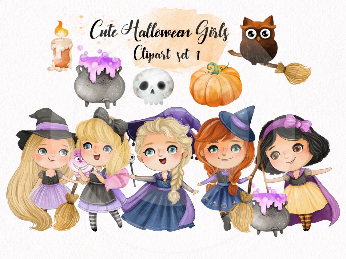 Cute Halloween Girls Clipart Set 1 ,PNG Files Instant Download PNG File ...