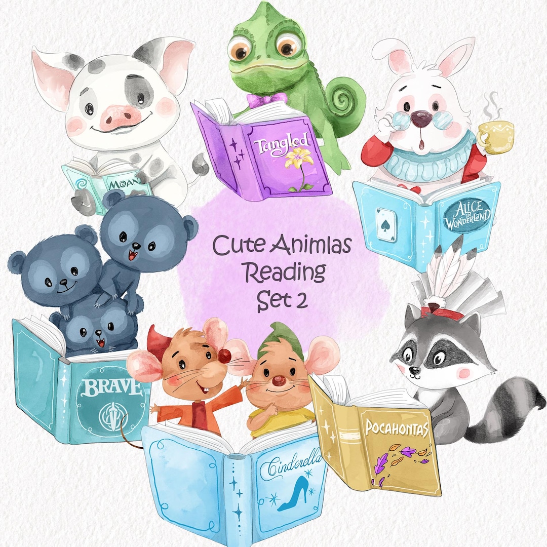 Cute Animals Reading Book Clipart Set2, Hand Drawn Clipart, PNG File ...