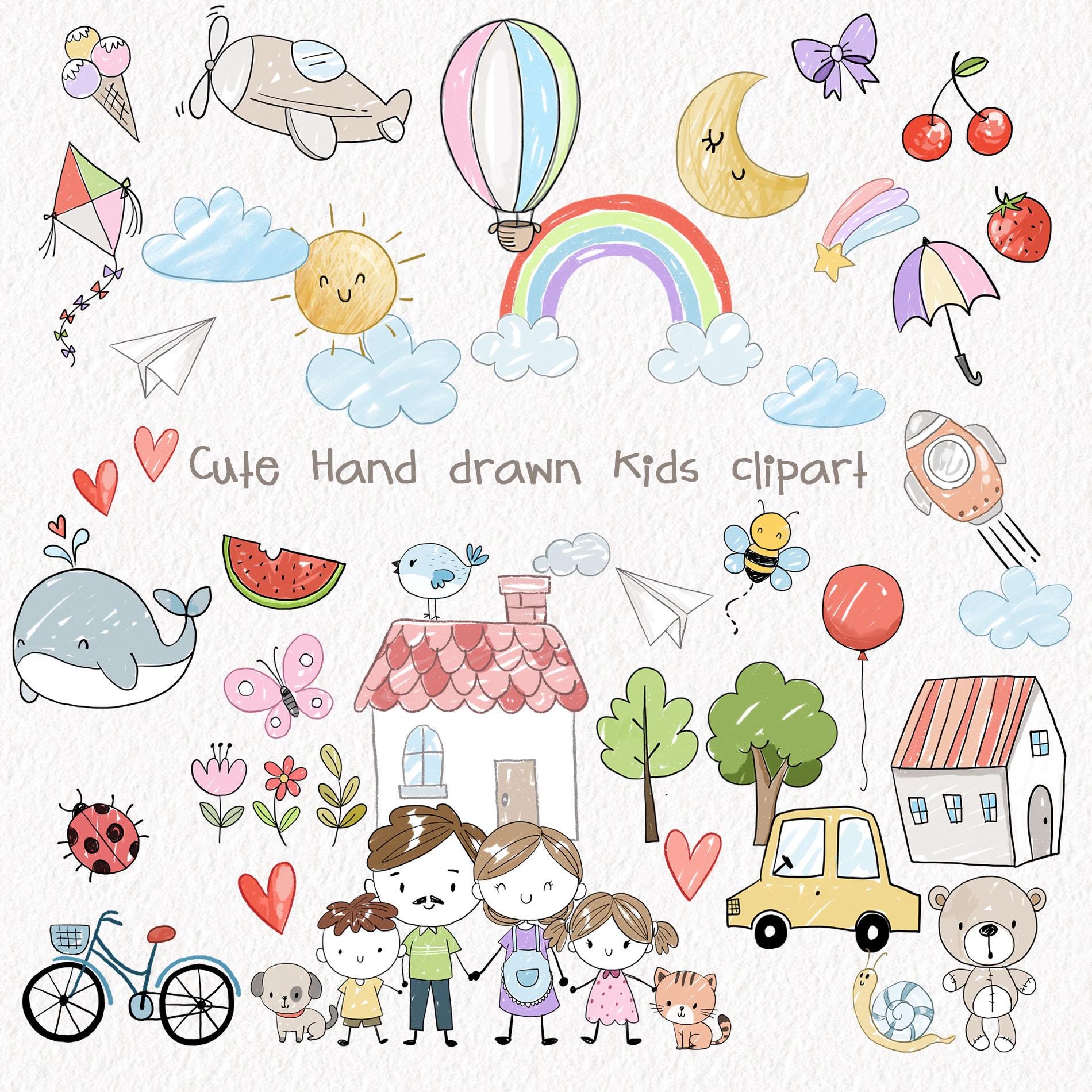 Kids Doodle, Hand Drawn Kids Clipart PNG Files. - Etsy