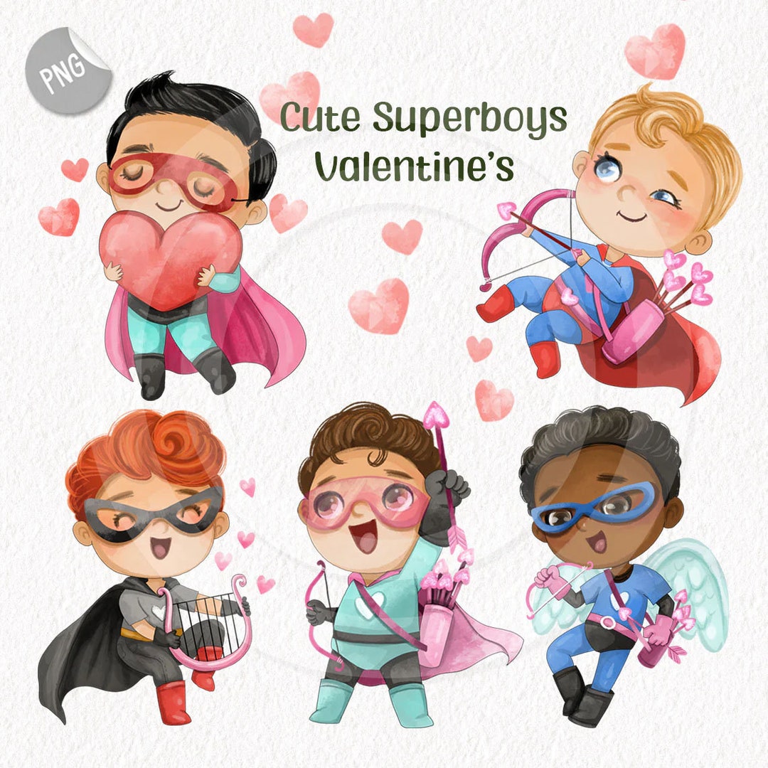 Cute Super Boys Valentine's Clipart ,hand Drawn Clipart, PNG Files 300 ...