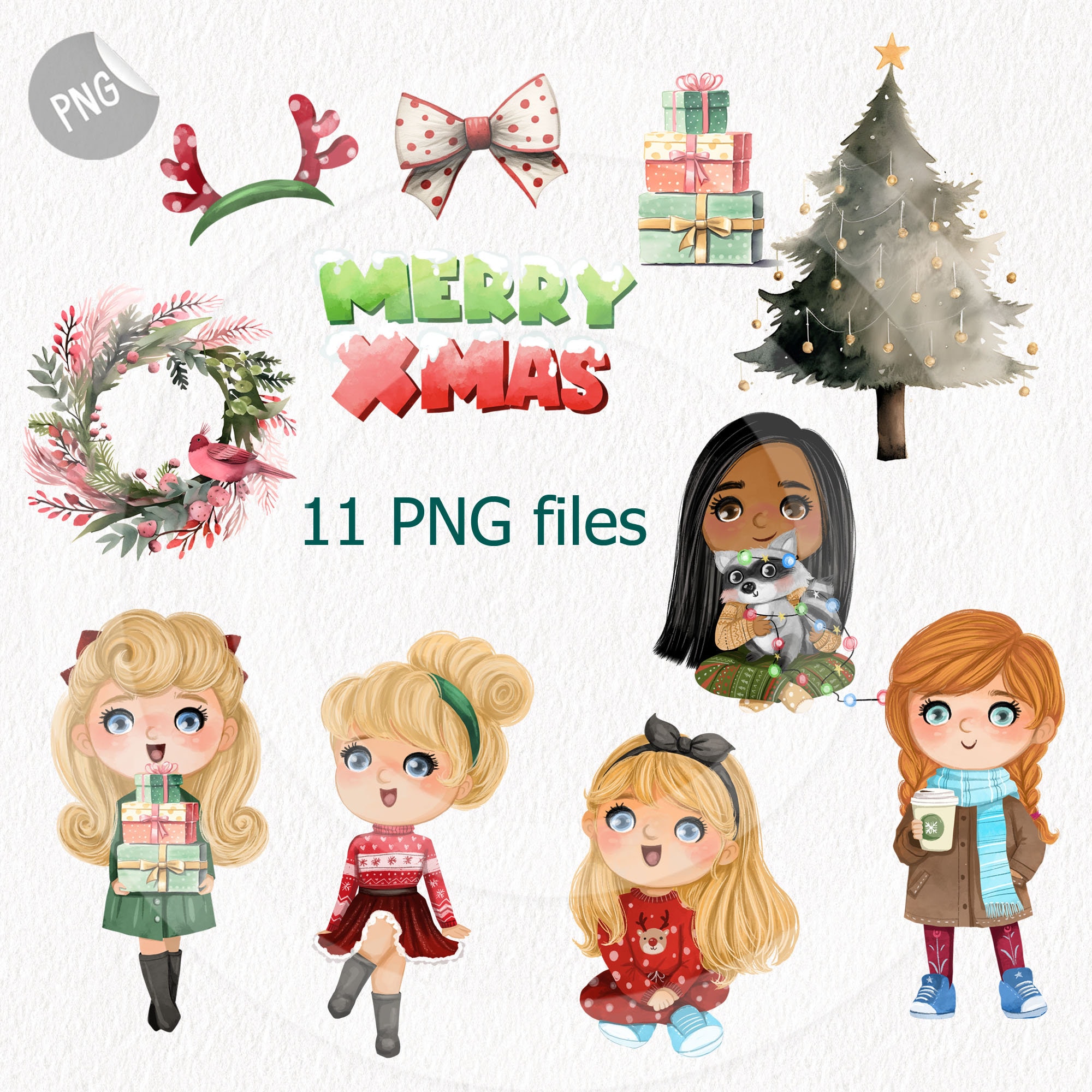 Christmas Cute Girls Clipart Set 3 , Instant Download PNG File 300 Dpi ...