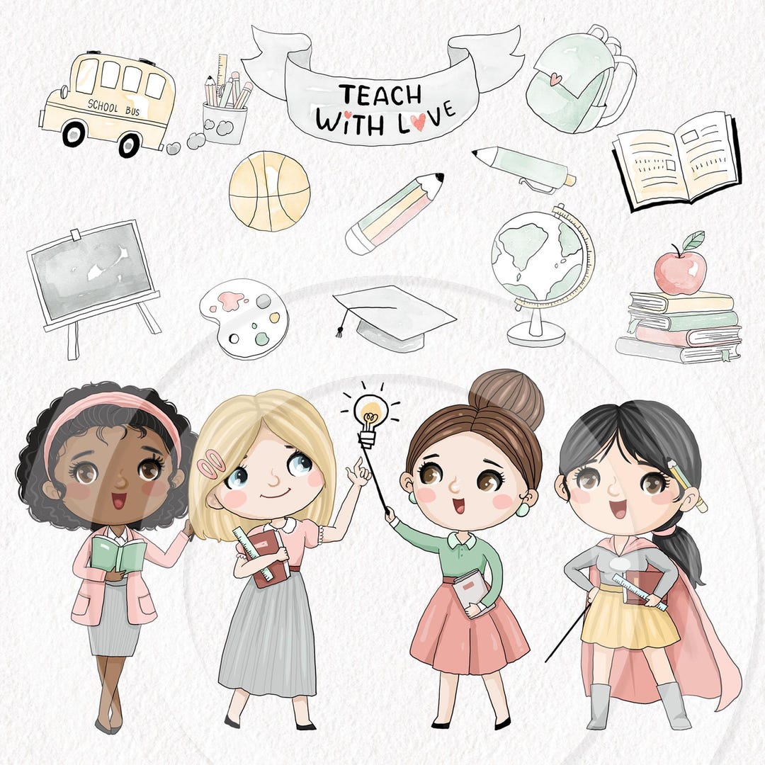 Teacher Clipart: Hand-drawn Back to School Illustrations (PNG, 300 Dpi ...