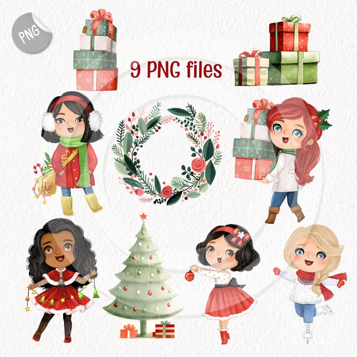 Christmas Cute Girls Clipart Set 1 , Instant Download PNG File 300 Dpi ...