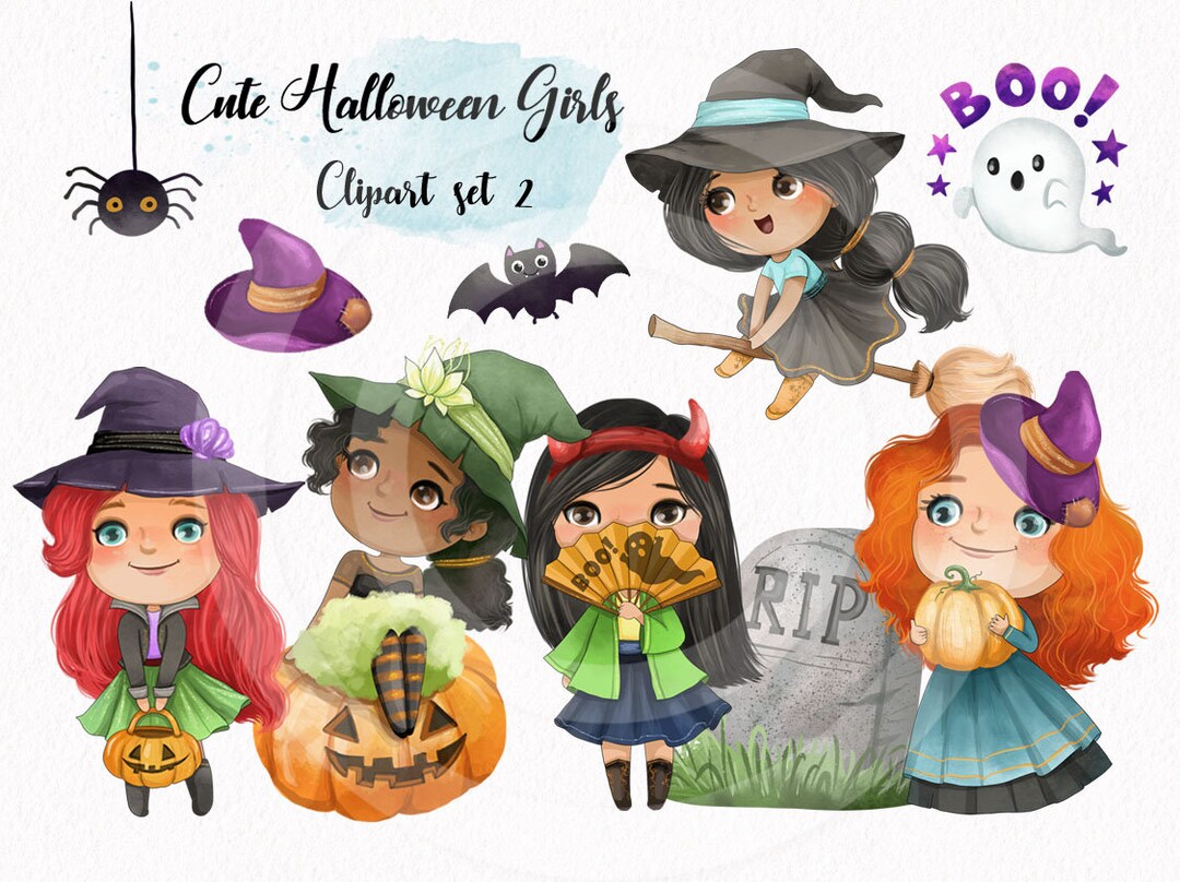 Cute Halloween Girls Clipart Set 2 ,PNG Files Instant Download PNG File ...