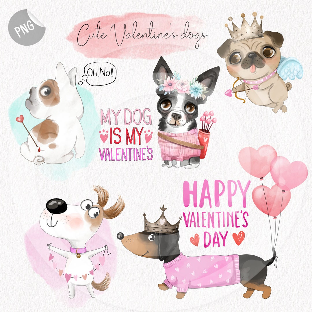 Cute Dog Valentine's Clipart ,hand Drawn Clipart, PNG Files 300 Dpi. - Etsy